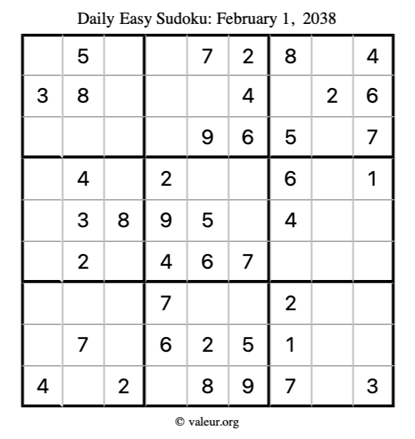 Easy Sudoku February 1 2038