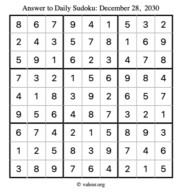 Sudoku December 28, 2030