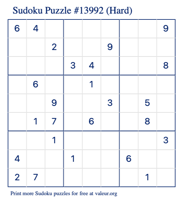 Free Printable Hard Sudoku with the Answer #13992