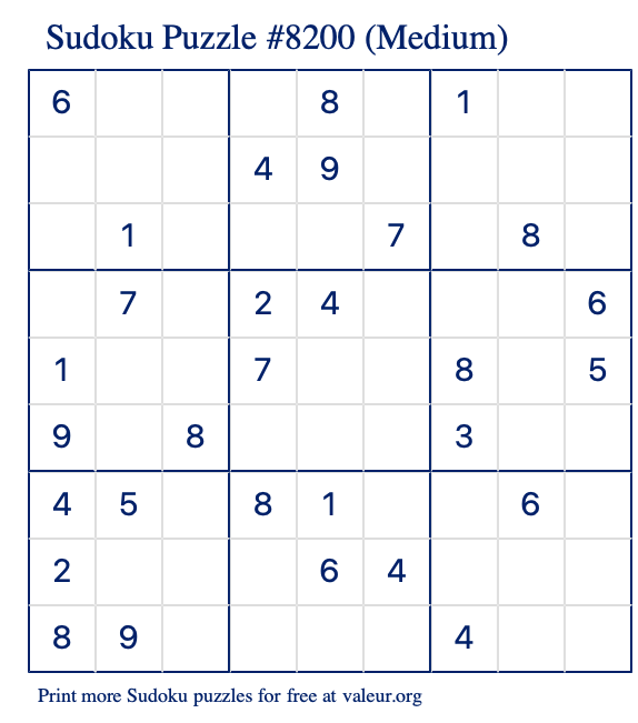 Free Printable Medium Sudoku with the Answer #8200
